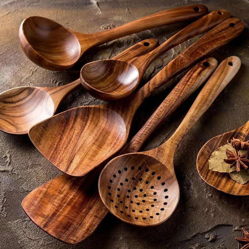 1-10 PC Wooden Cooking Spoons Smooth Teak Wooden Cooking Utensils Non ...